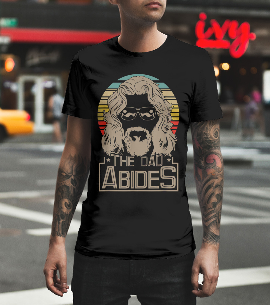 Mens The Dad Abides Retro Style Rainbow Circle Sunglasses And Long Hair T-Shirt