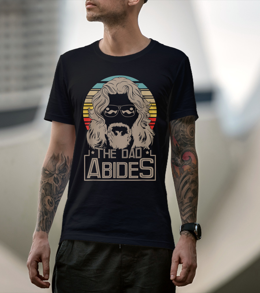 Mens The Dad Abides Retro Style Rainbow Circle Sunglasses And Long Hair T-Shirt