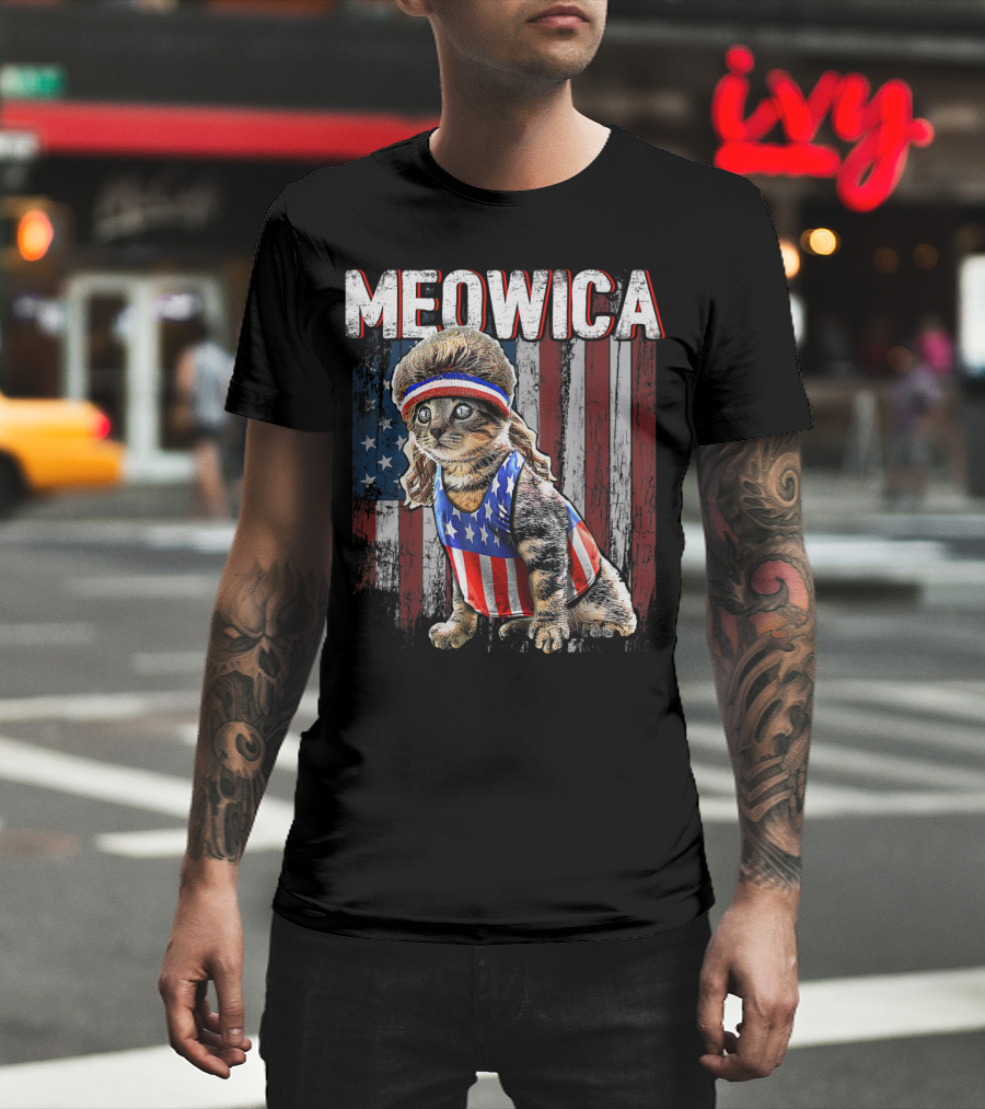 Meowica Cat Mullet American Flag Patriotic Kitten In Stars And Stripes Vest And Headband In Front Of American Flag T-Shirt