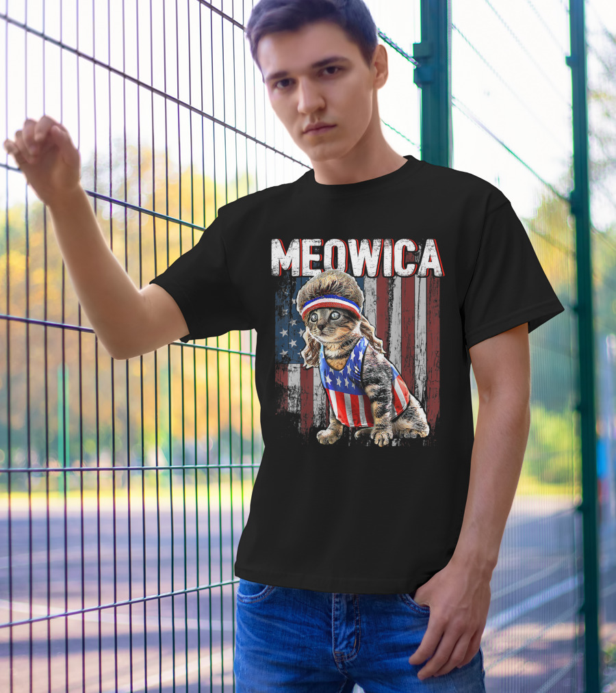 Meowica Cat Mullet American Flag Patriotic Kitten In Stars And Stripes Vest And Headband In Front Of American Flag T-Shirt