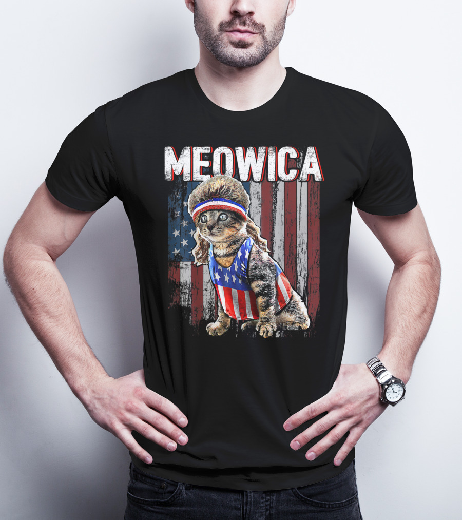 Meowica Cat Mullet American Flag Patriotic Kitten In Stars And Stripes Vest And Headband In Front Of American Flag T-Shirt