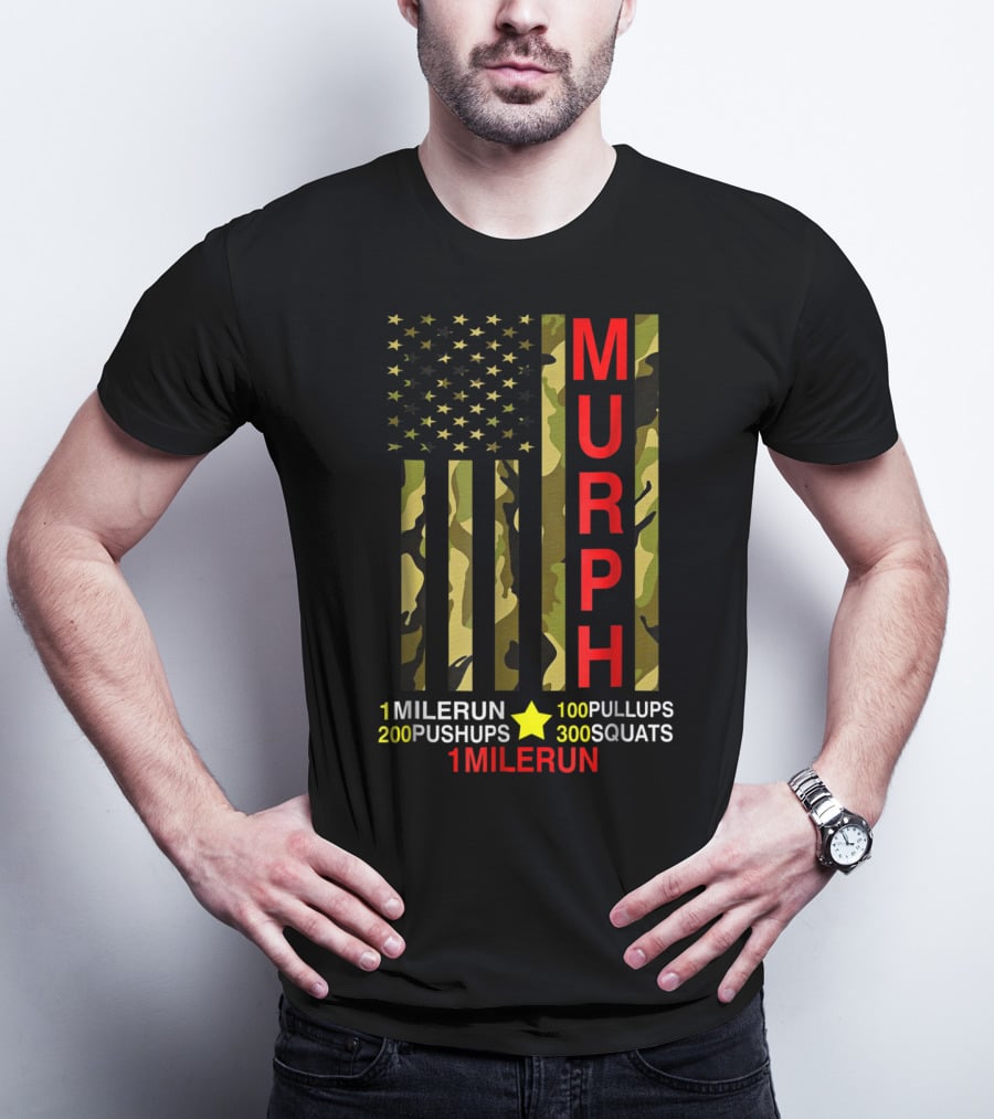 Murph Challenge Memorial Day Workout 1 Mile Run 100 Pullups 200 Pushups 300 Squats Camo Flag T-Shirt