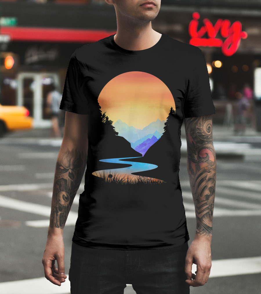 Outdoor Sunset Vintage Style Mountains Sun Nature River Landscape T-Shirt