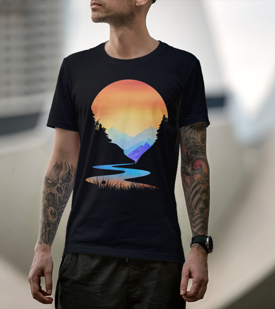Outdoor Sunset Vintage Style Mountains Sun Nature River Landscape T-Shirt