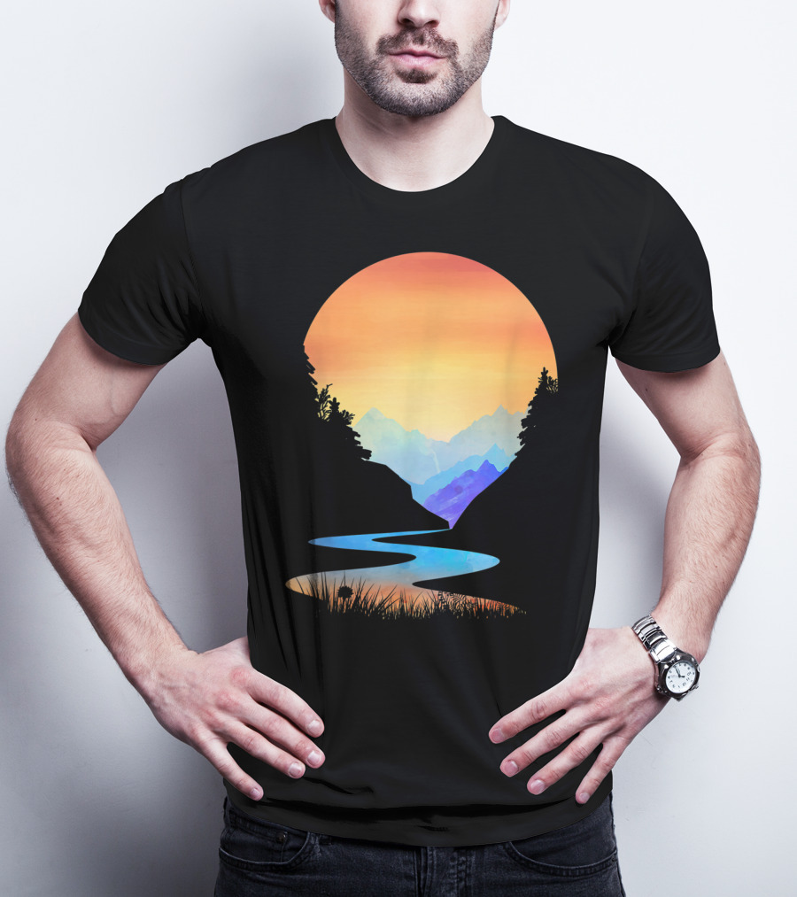 Outdoor Sunset Vintage Style Mountains Sun Nature River Landscape T-Shirt