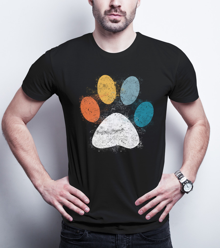 Vintage Distressed Multi-Color Dog Paw Print Love T-Shirt