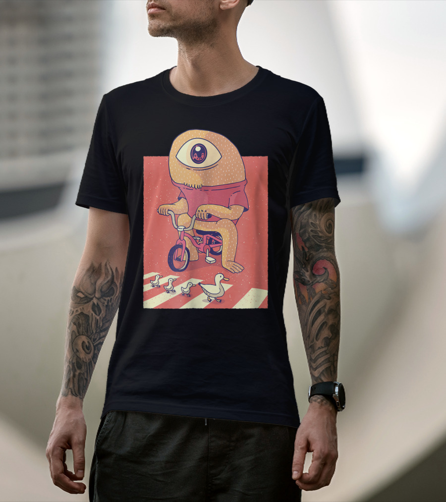 Vintage Japanese Cyclops Riding Bicycle With Ducklings Crossing T-Shirt
