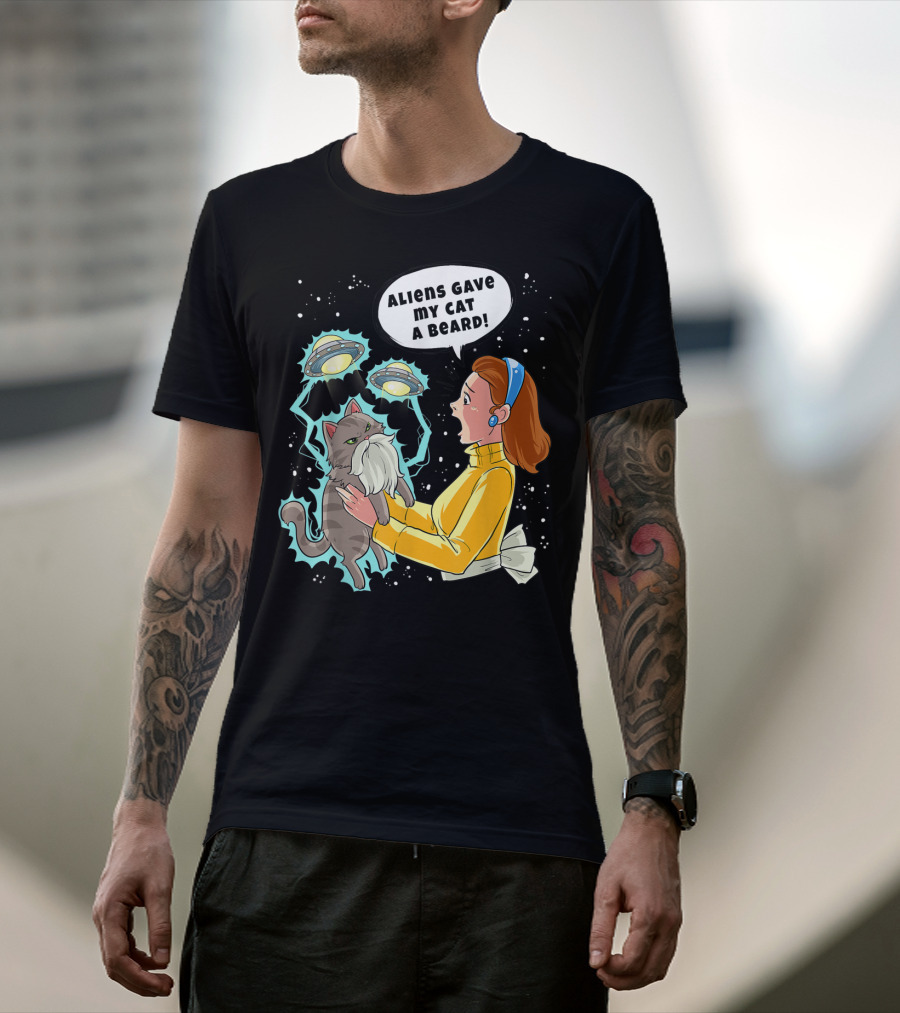 Aliens Gave My Cat A Beard UFO Encounter With Surprised Woman In Space T-Shirt