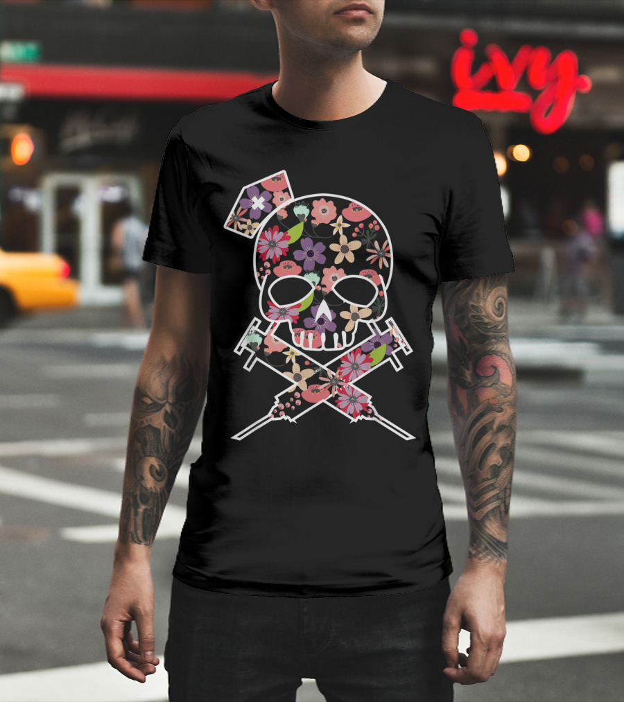 I'll Stab You Nurse Skull Medical Flowers T-Shirt