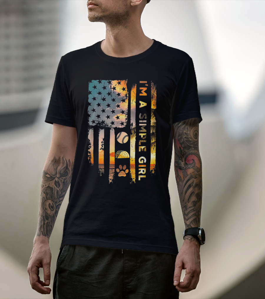I'm A Simple Girl American Flag Softball Tacos Dogs Sunset T-Shirt