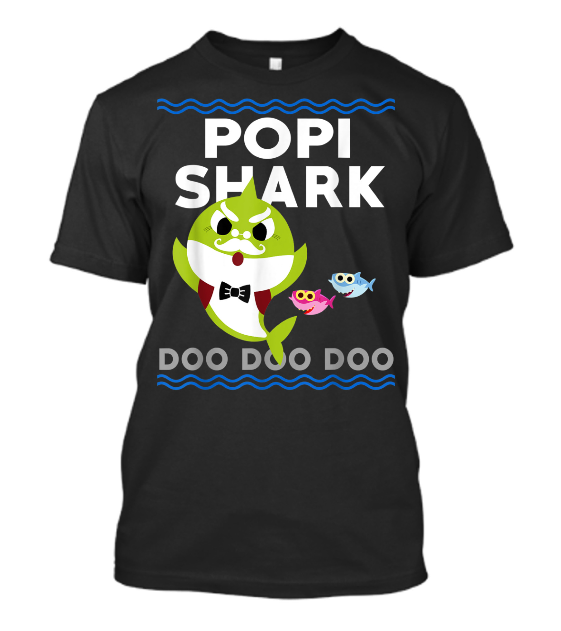 Popi Shark Doo Doo Doo Mustached Bowtie Shark With Cute Colorful Fish T-Shirt