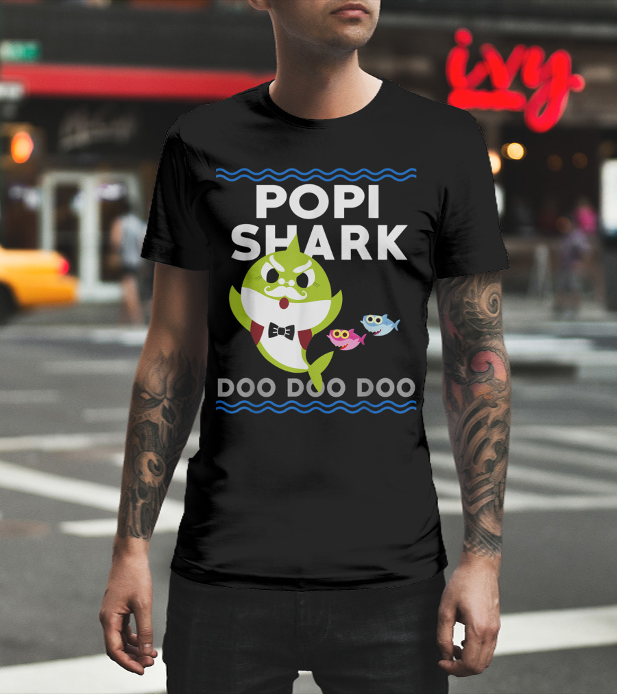 Popi Shark Doo Doo Doo Mustached Bowtie Shark With Cute Colorful Fish T-Shirt