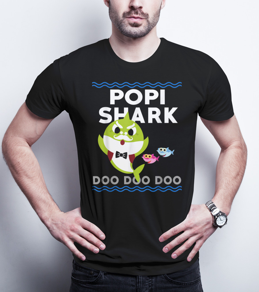 Popi Shark Doo Doo Doo Mustached Bowtie Shark With Cute Colorful Fish T-Shirt