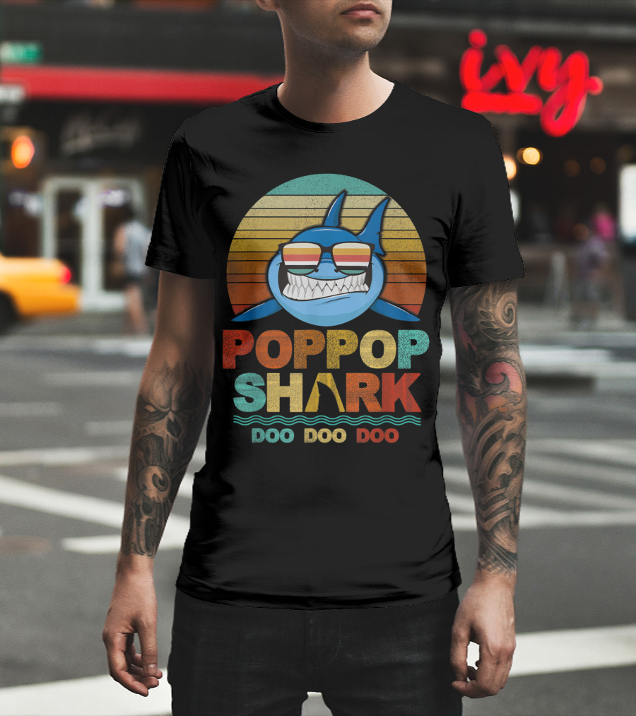 Poppop Shark Doo Doo Doo Retro Sunglasses Vintage Stripes T-Shirt
