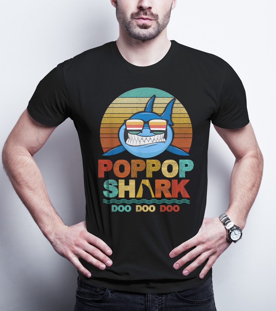 Poppop Shark Doo Doo Doo Retro Sunglasses Vintage Stripes T-Shirt