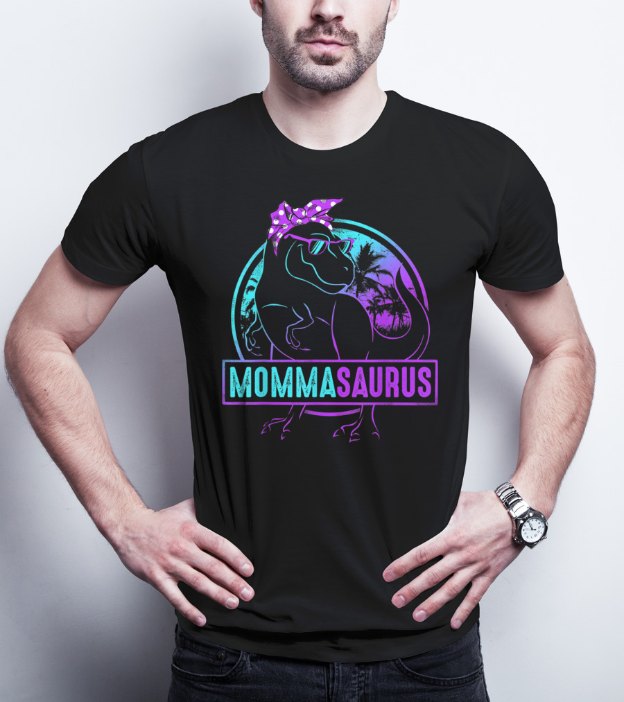 Mommasaurus Dinosaur With Bandana Sunglasses And Tropical Background T-Shirt