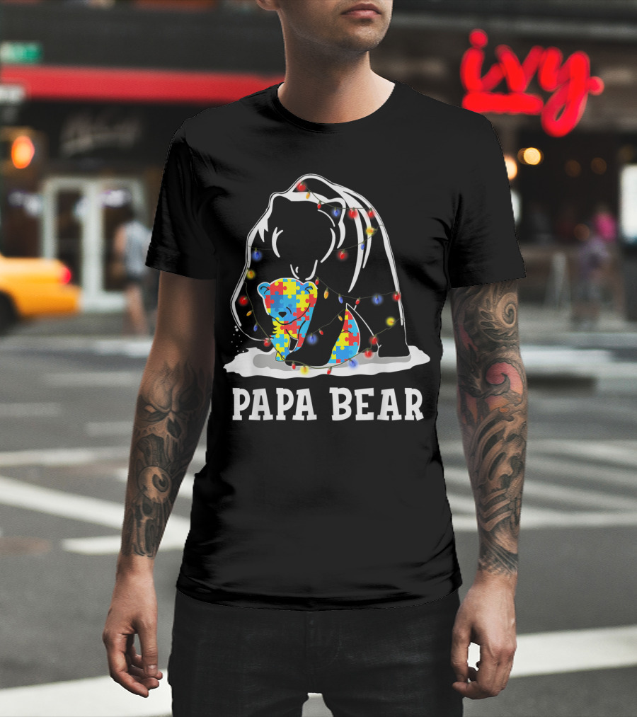 Papa Bear Autism Awareness Puzzle Piece Lights T-Shirt
