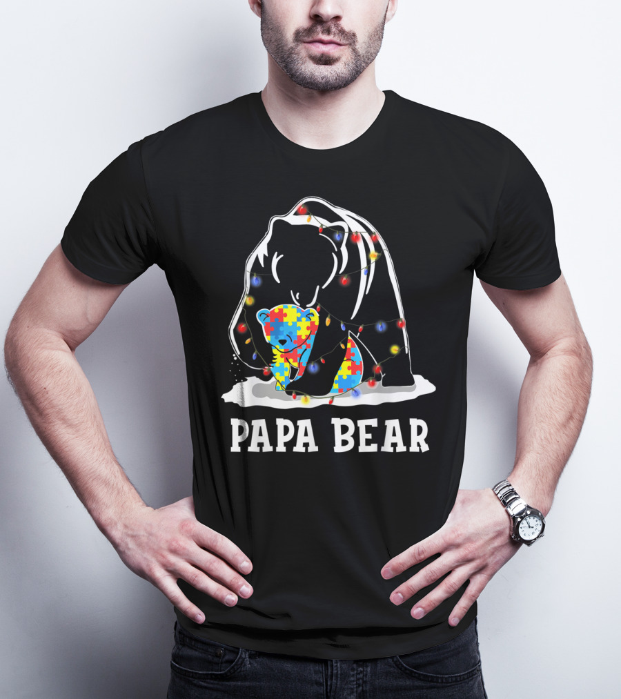 Papa Bear Autism Awareness Puzzle Piece Lights T-Shirt