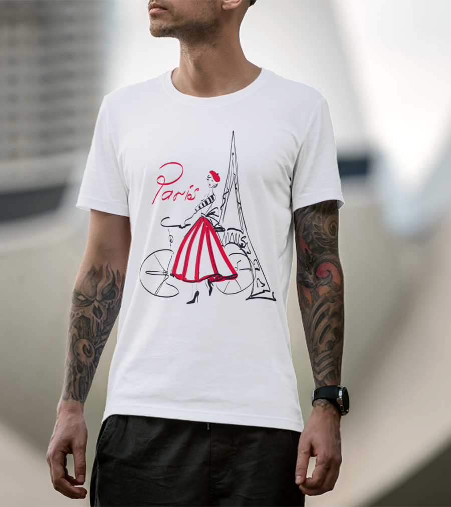 Paris Bicycle Woman With Eiffel Tower In Red Dress T-Shirt