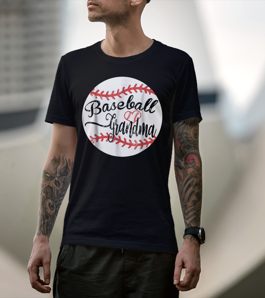 Baseball Grandma With Heart Stitching Baseball T-Shirt