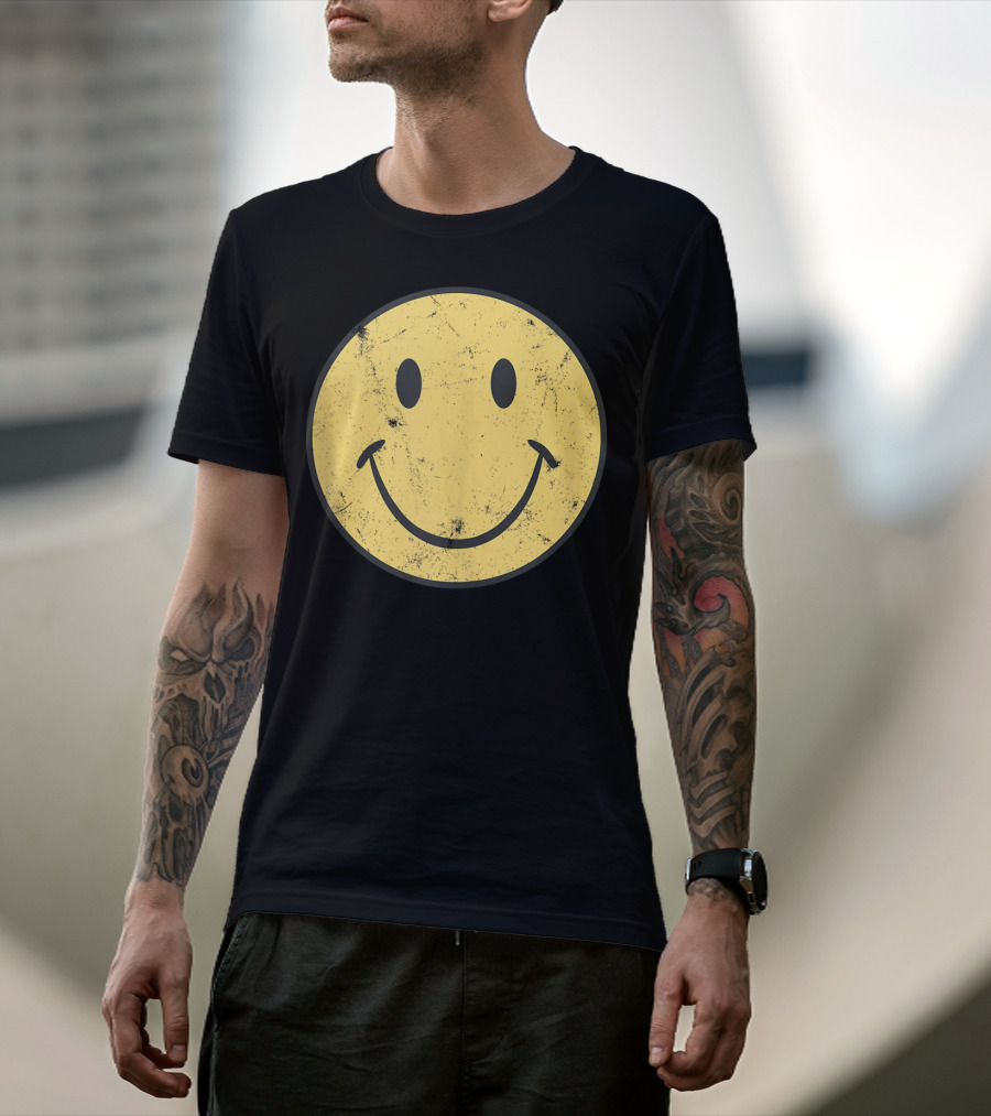 Retro 70s Smiley Face Distressed Yellow T-Shirt