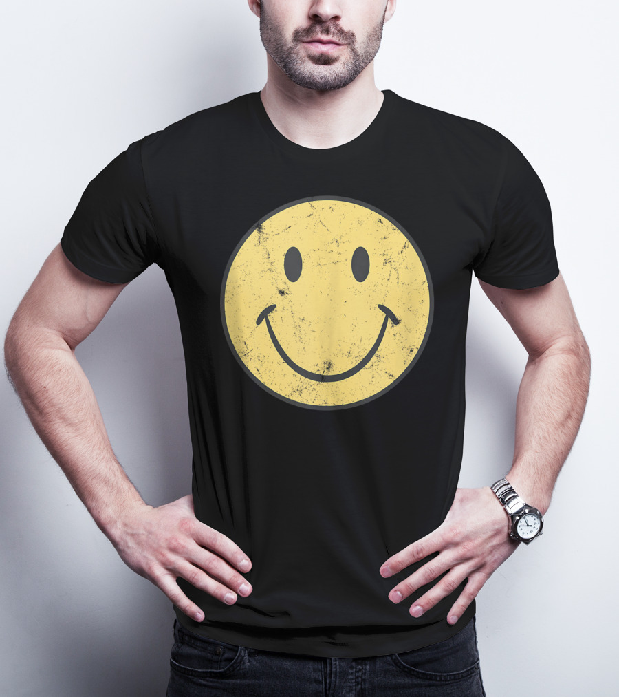 Retro 70s Smiley Face Distressed Yellow T-Shirt