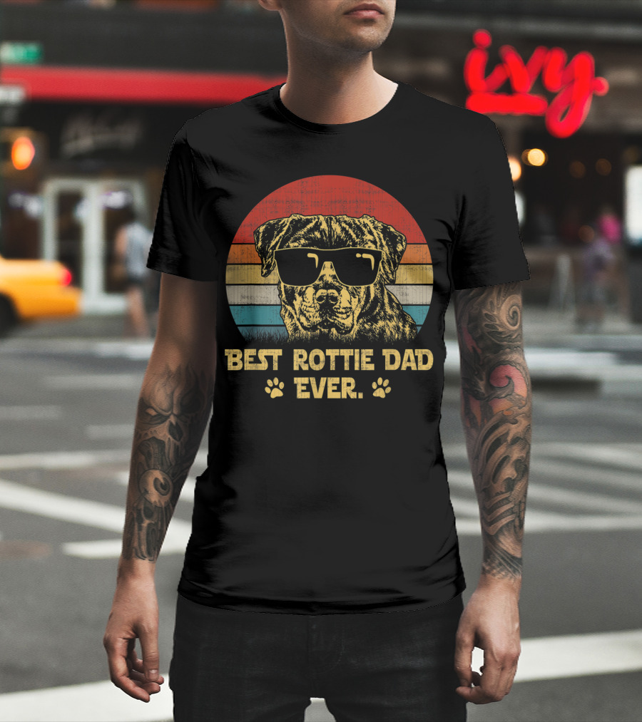 Retro Vintage Best Rottie Dad Ever Sunglasses Dog With Paw Prints T-Shirt