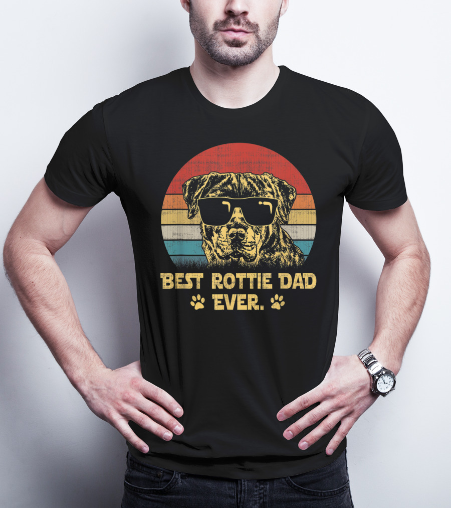 Retro Vintage Best Rottie Dad Ever Sunglasses Dog With Paw Prints T-Shirt