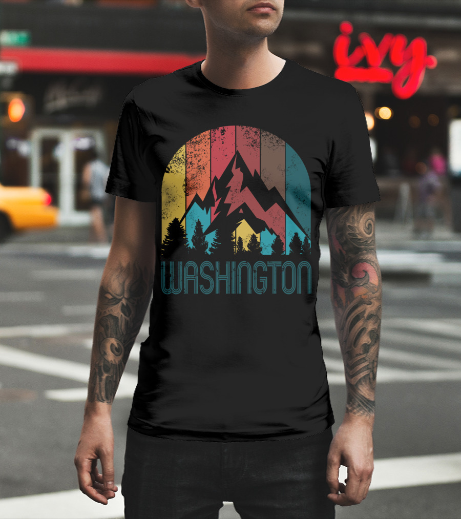 Washington Retro Mountain Landscape Forest Silhouette Vintage Multicolor Stripes T-Shirt