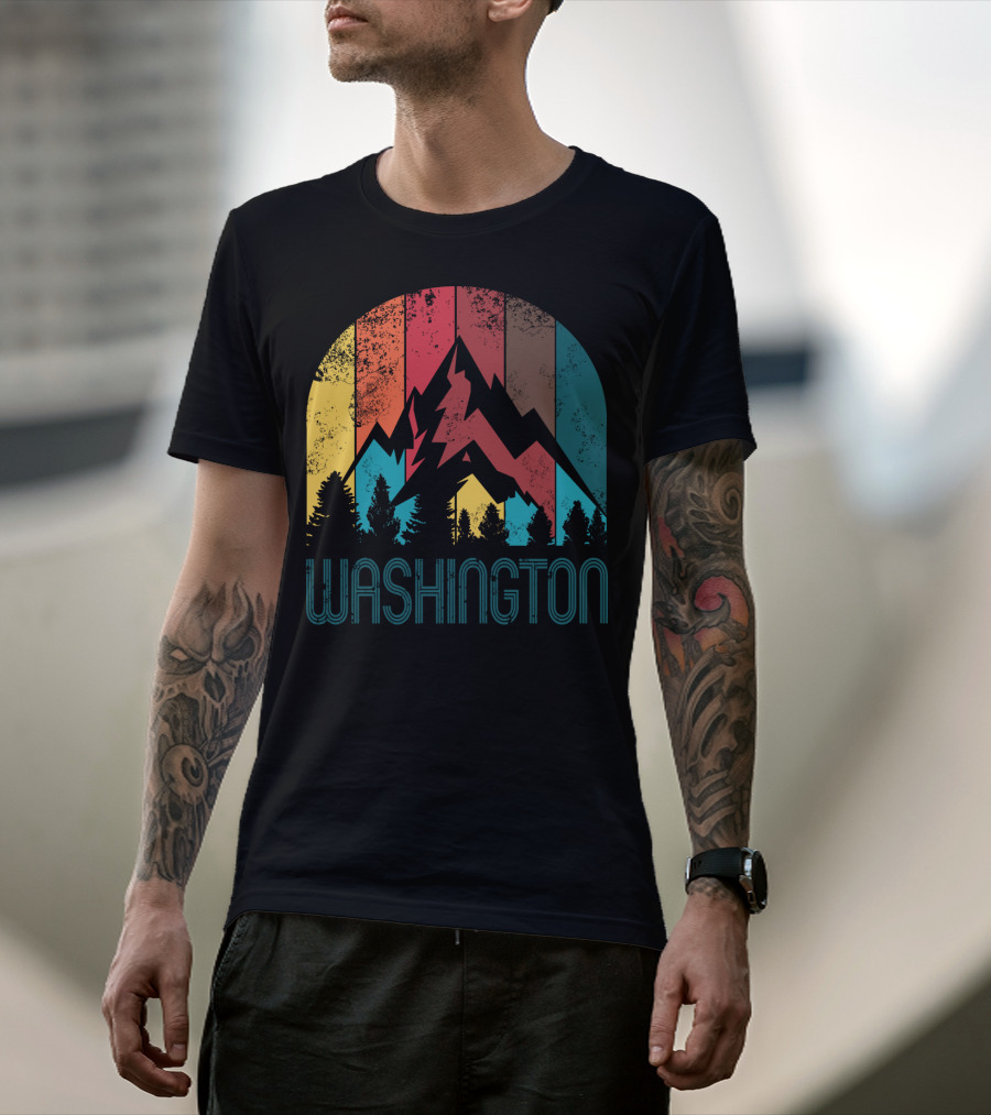 Washington Retro Mountain Landscape Forest Silhouette Vintage Multicolor Stripes T-Shirt