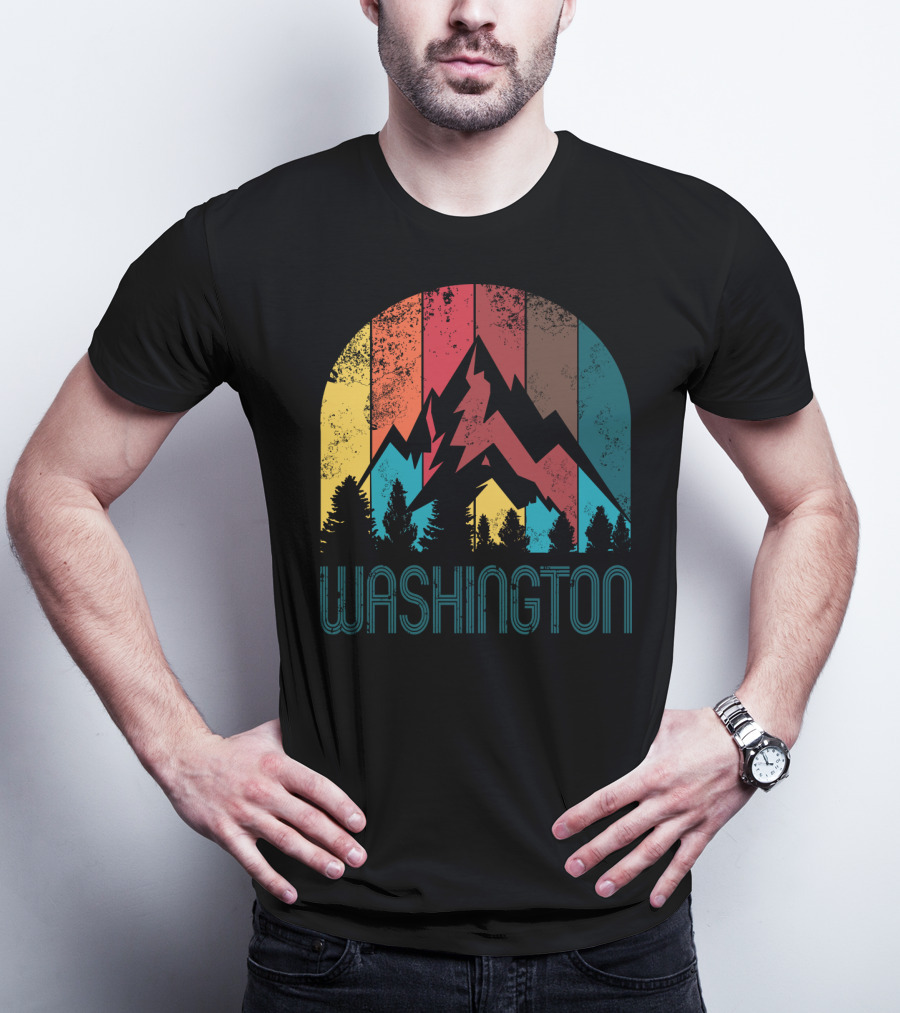 Washington Retro Mountain Landscape Forest Silhouette Vintage Multicolor Stripes T-Shirt