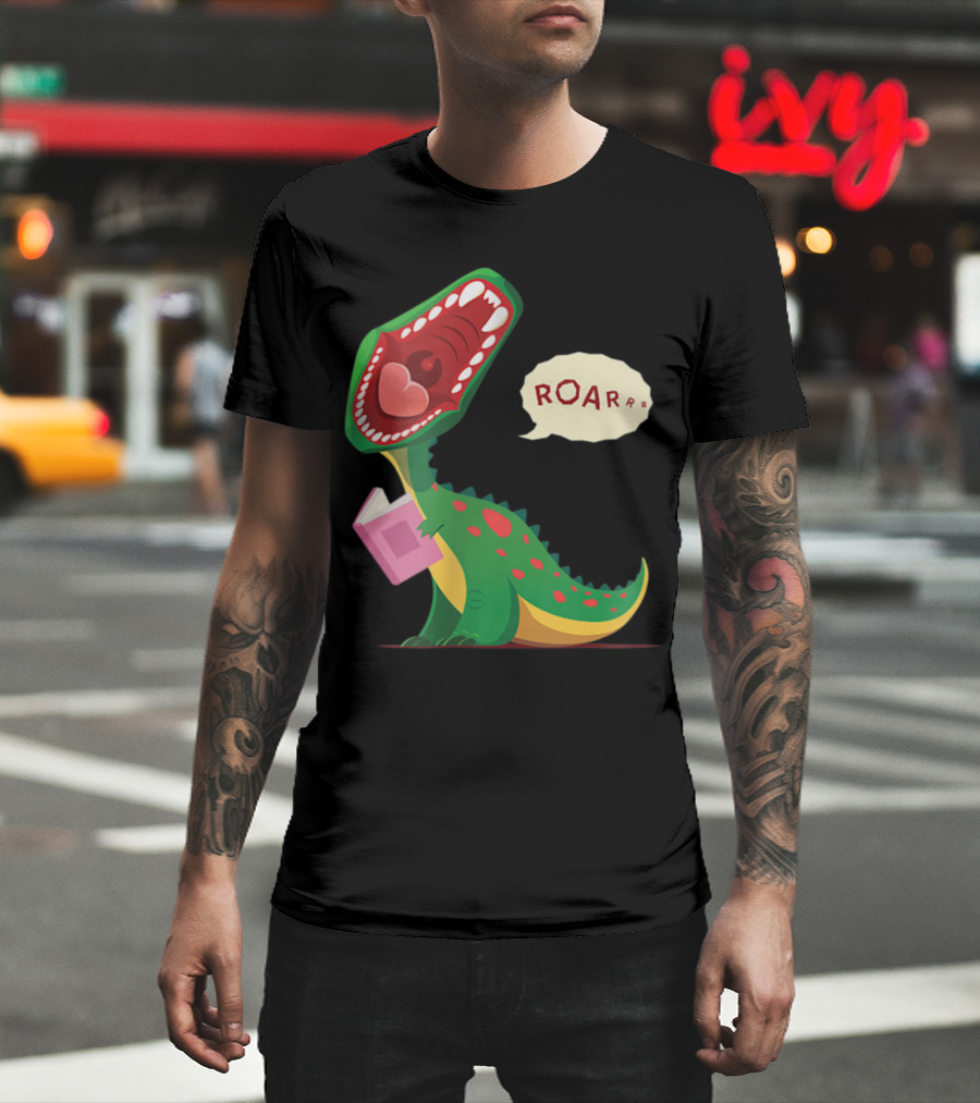 Roar Trex Dinosaur Holding Pink Book And Heart Inside Mouth T-Shirt