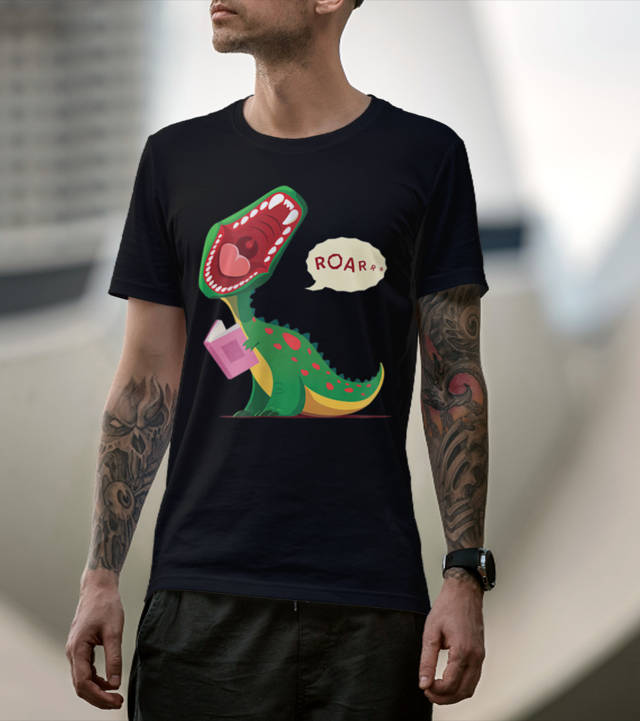 Roar Trex Dinosaur Holding Pink Book And Heart Inside Mouth T-Shirt