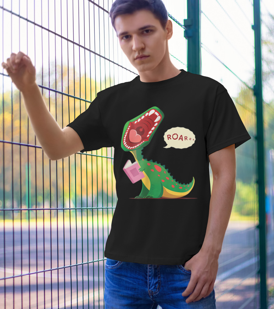 Roar Trex Dinosaur Holding Pink Book And Heart Inside Mouth T-Shirt