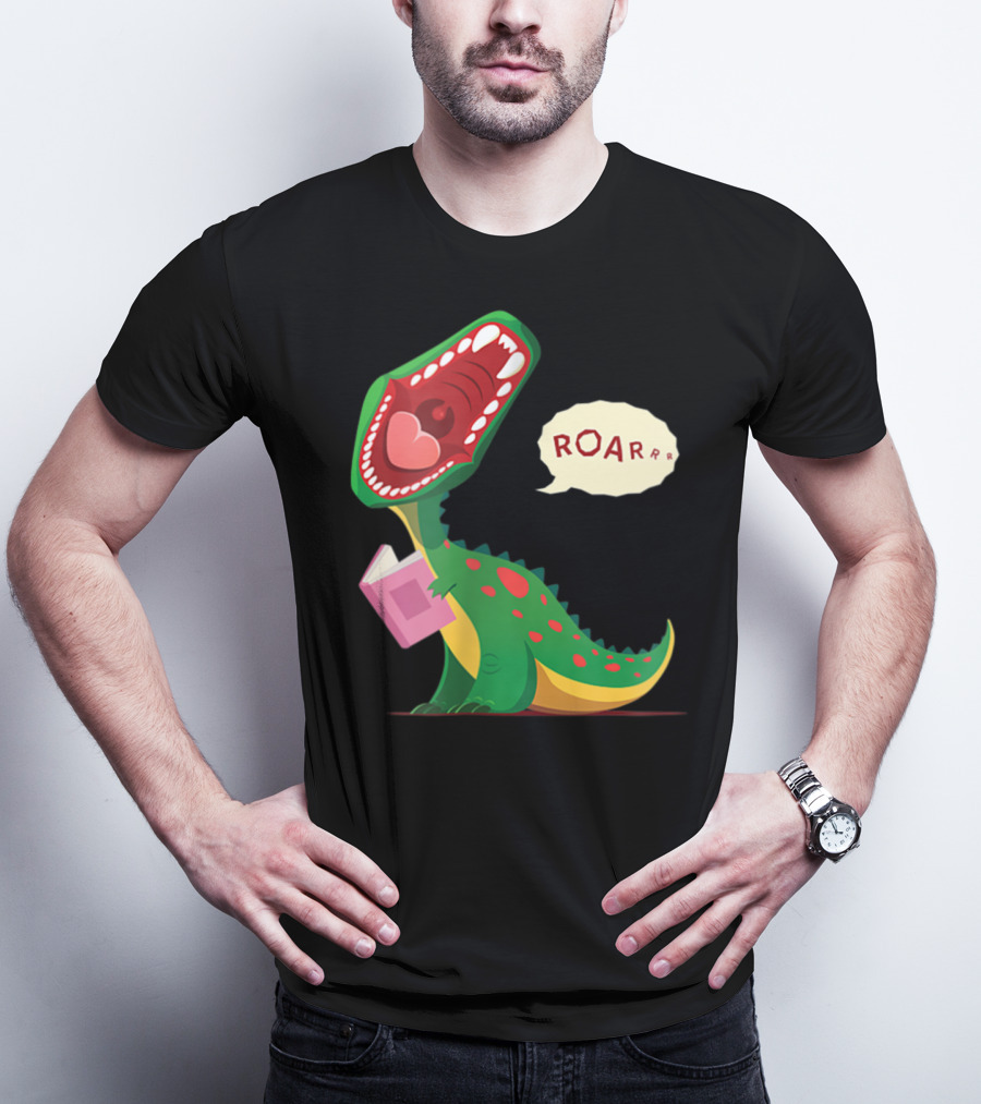 Roar Trex Dinosaur Holding Pink Book And Heart Inside Mouth T-Shirt