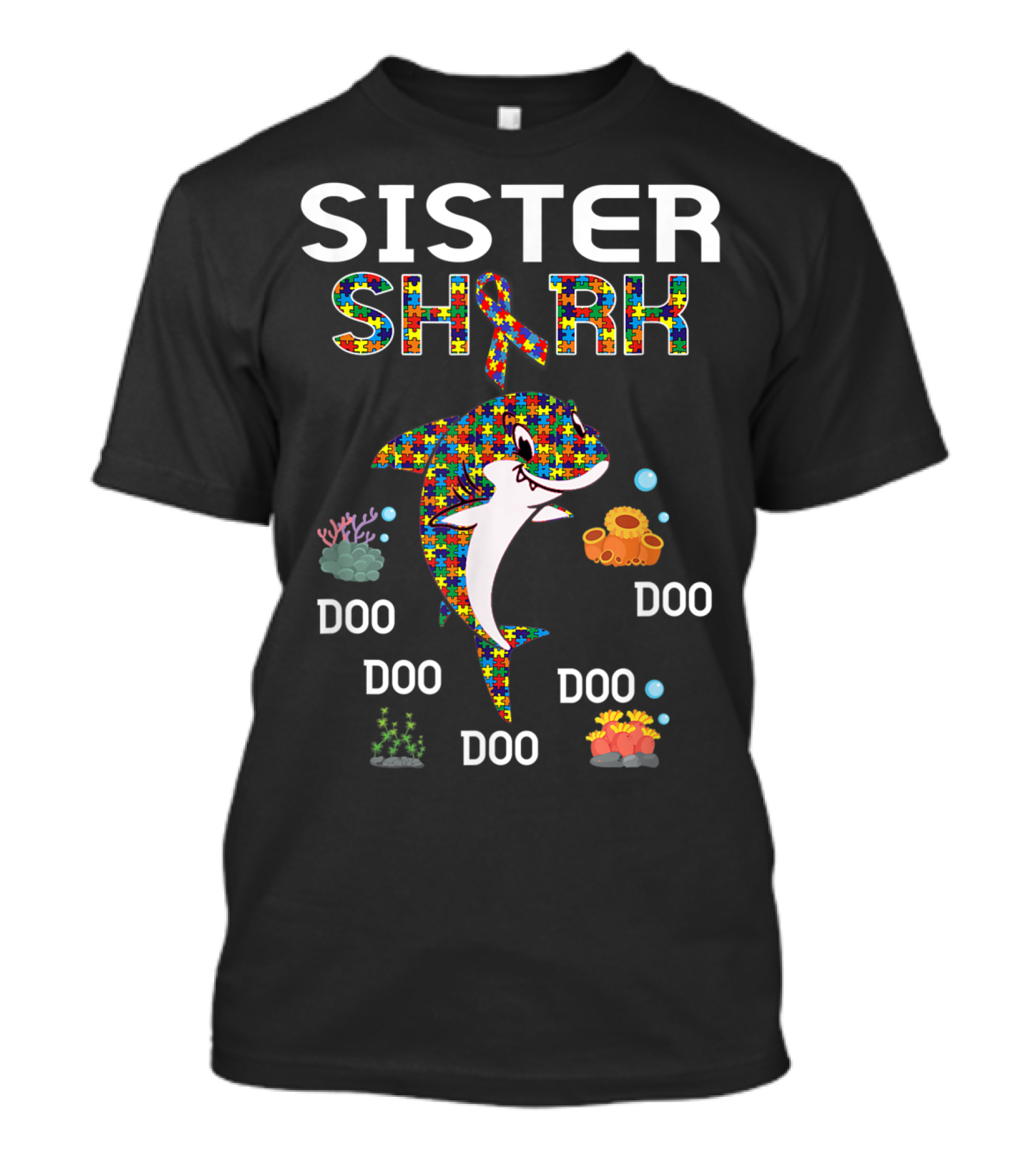 Sister Shark Autism Awareness Puzzle Ribbon Doo Doo Doo T-Shirt