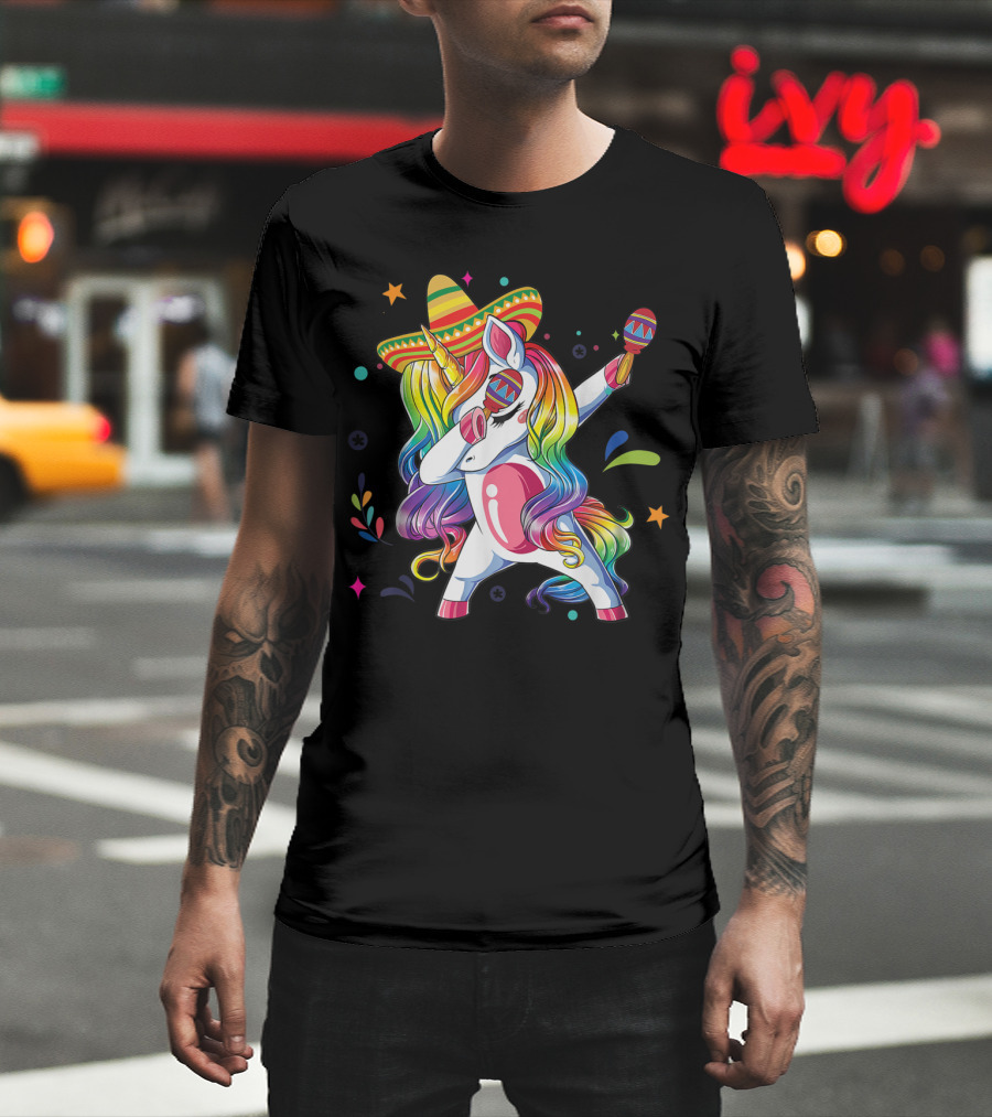 Sombrero Wearing Dabbing Unicorn With Maracas For Cinco De Mayo T-Shirt