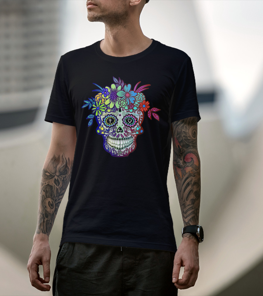 Sugar Skull Dia De Los Muertos Colorful Floral Day Of The Dead T-Shirt