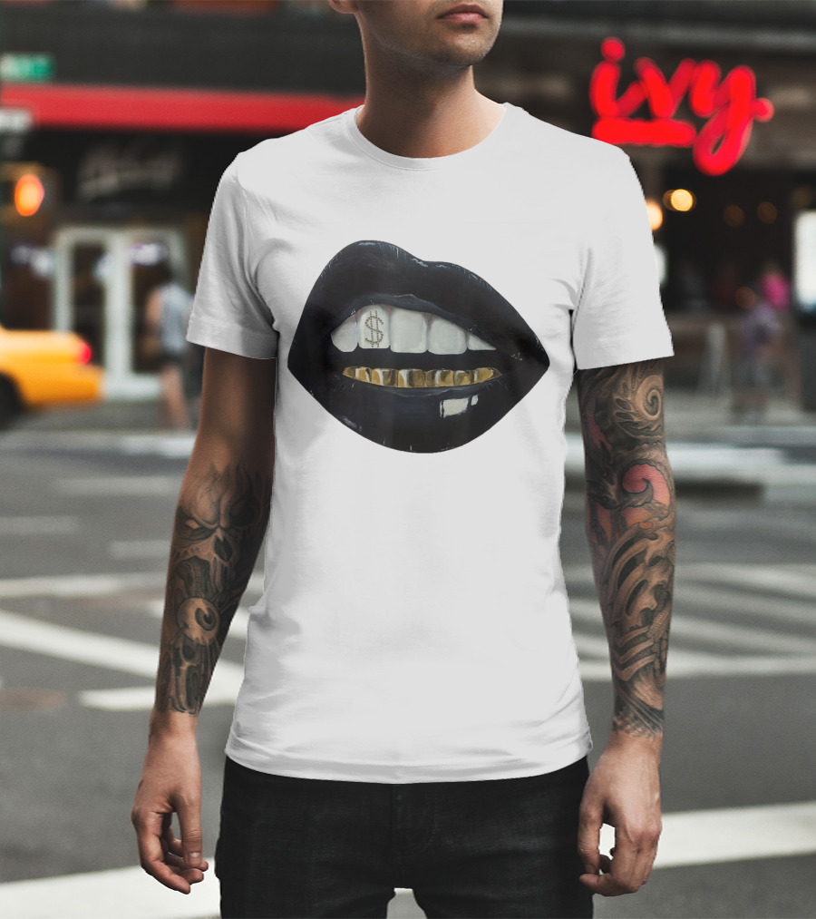 Red Black Lips Gold Teeth Dollar Smile T-Shirt