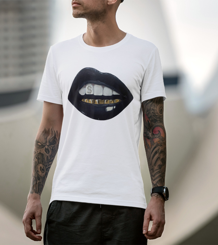 Red Black Lips Gold Teeth Dollar Smile T-Shirt