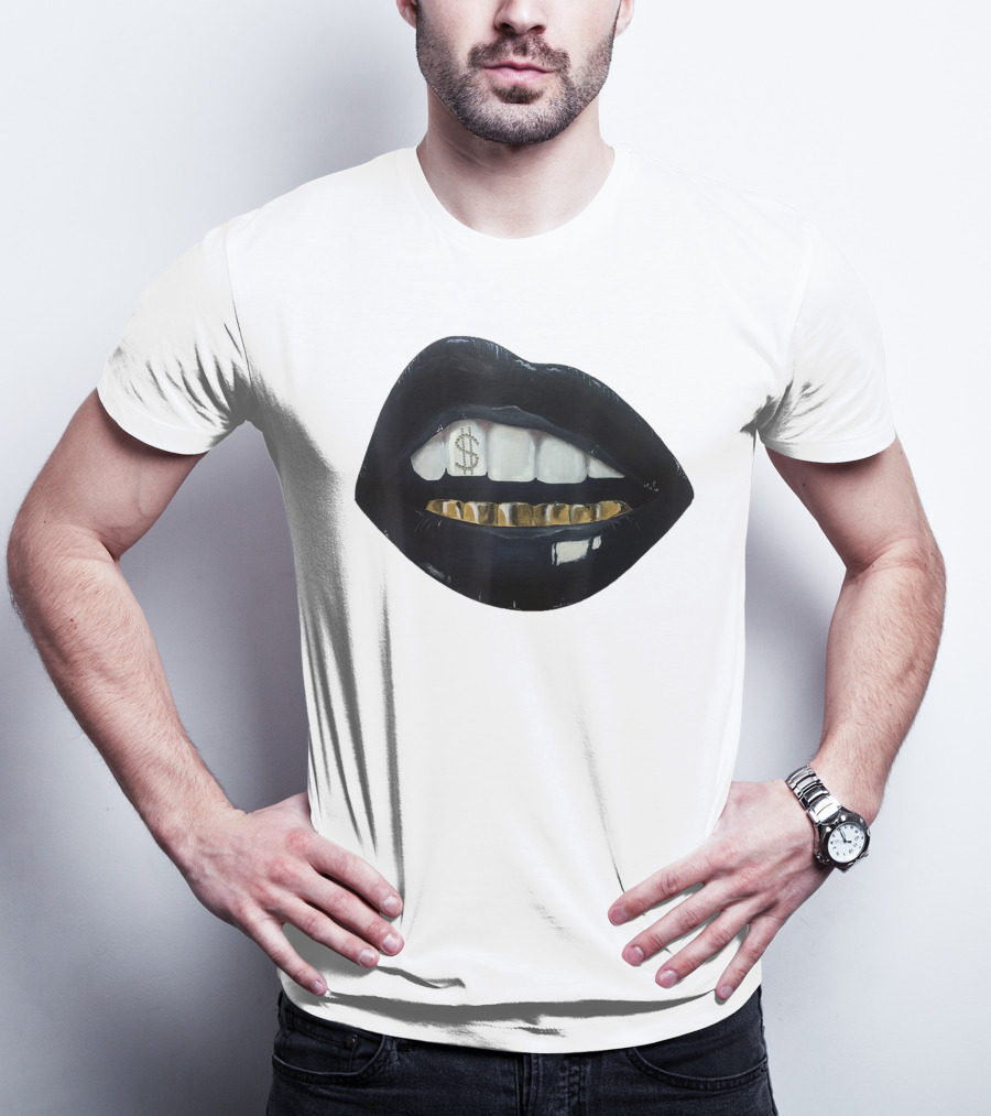 Red Black Lips Gold Teeth Dollar Smile T-Shirt
