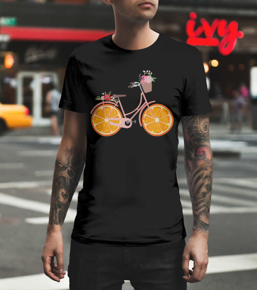Vintage Bike Bicycle With Flower Basket And Orange Fruit Wheels T-Shirt