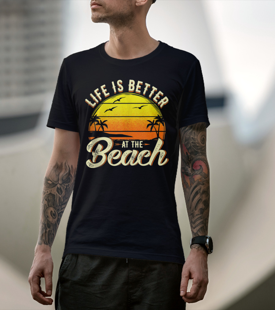 Life Is Better At The Beach Tropical Sunset With Palm Trees And Seagulls T-Shirt