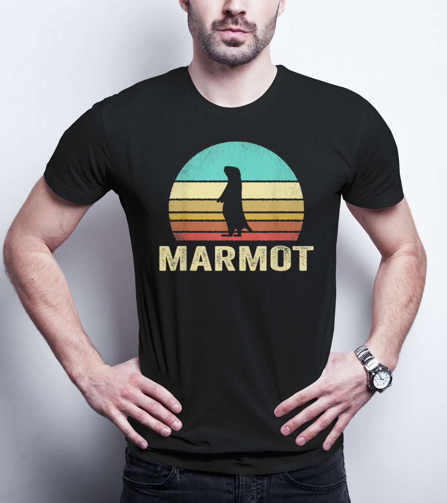 Retro Marmot Silhouette Sunset Stripes T-Shirt