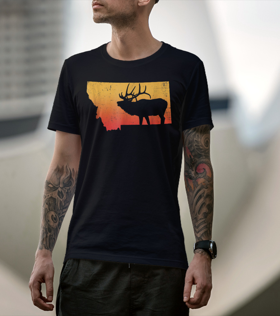 Montana Elk Silhouette Vintage Outdoors Sunset Scene T-Shirt
