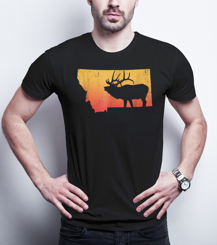 Montana Elk Silhouette Vintage Outdoors Sunset Scene T-Shirt