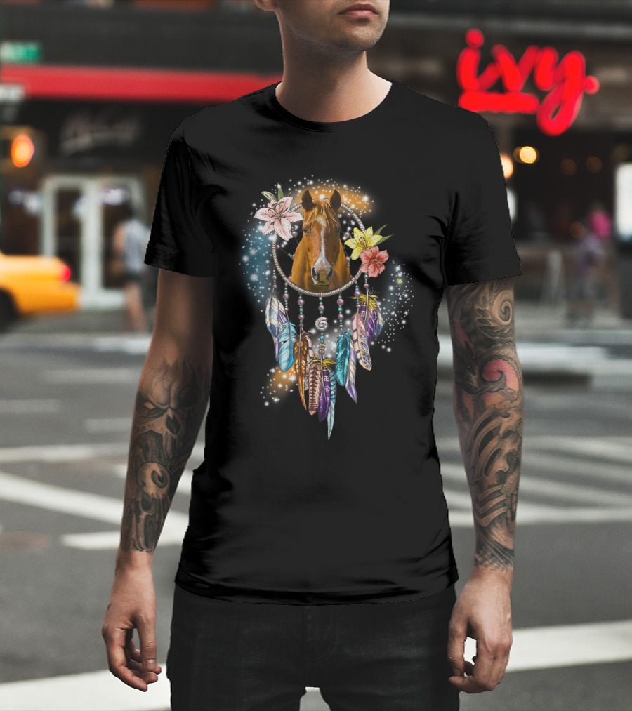 Horse Dreamcatcher Floral Feathers Sparkle T-Shirt