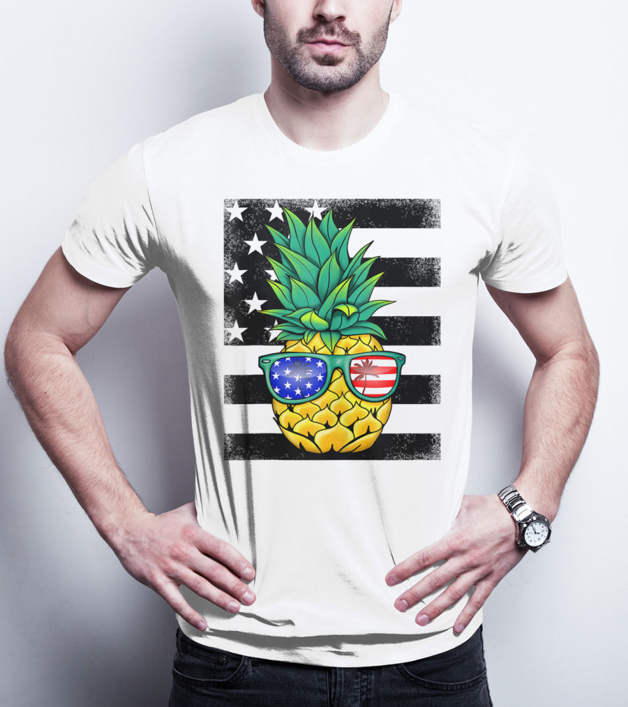 Hawaiian Pineapple With American Flag Sunglasses On Distressed Stars And Stripes Background T-Shirt