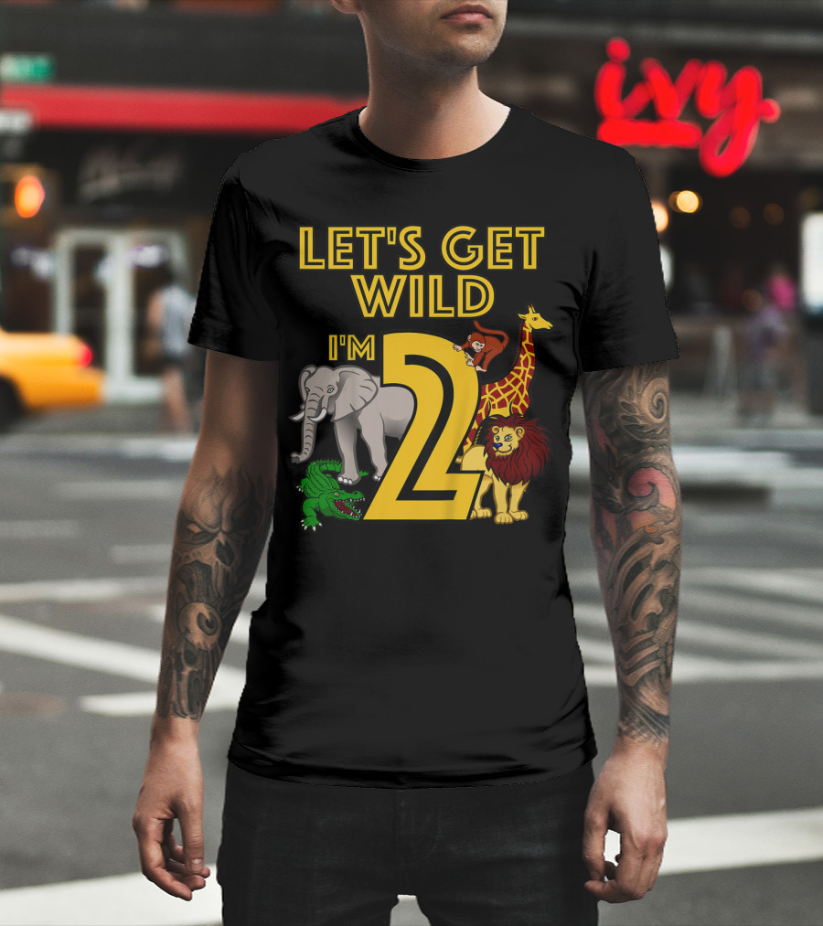 Let's Get Wild I'm 2 Elephant Giraffe Lion Crocodile Birthday Safari Jungle Kids 2 Year Old Zoo T-Shirt