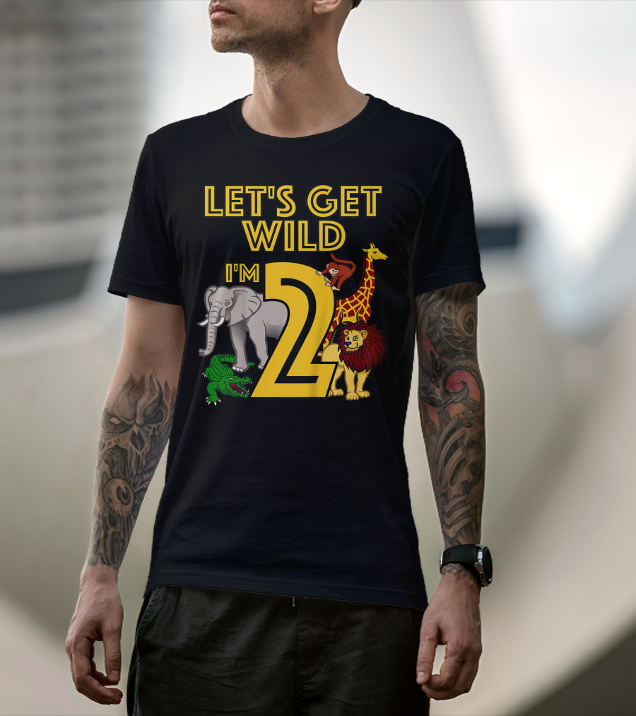 Let's Get Wild I'm 2 Elephant Giraffe Lion Crocodile Birthday Safari Jungle Kids 2 Year Old Zoo T-Shirt